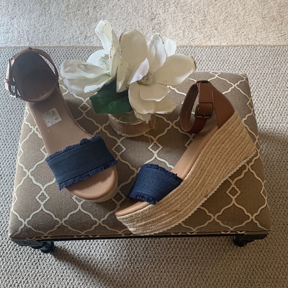 Brash | Shoes | Brash Blue Jean Faux Leather Wedge Sandals | Poshmark